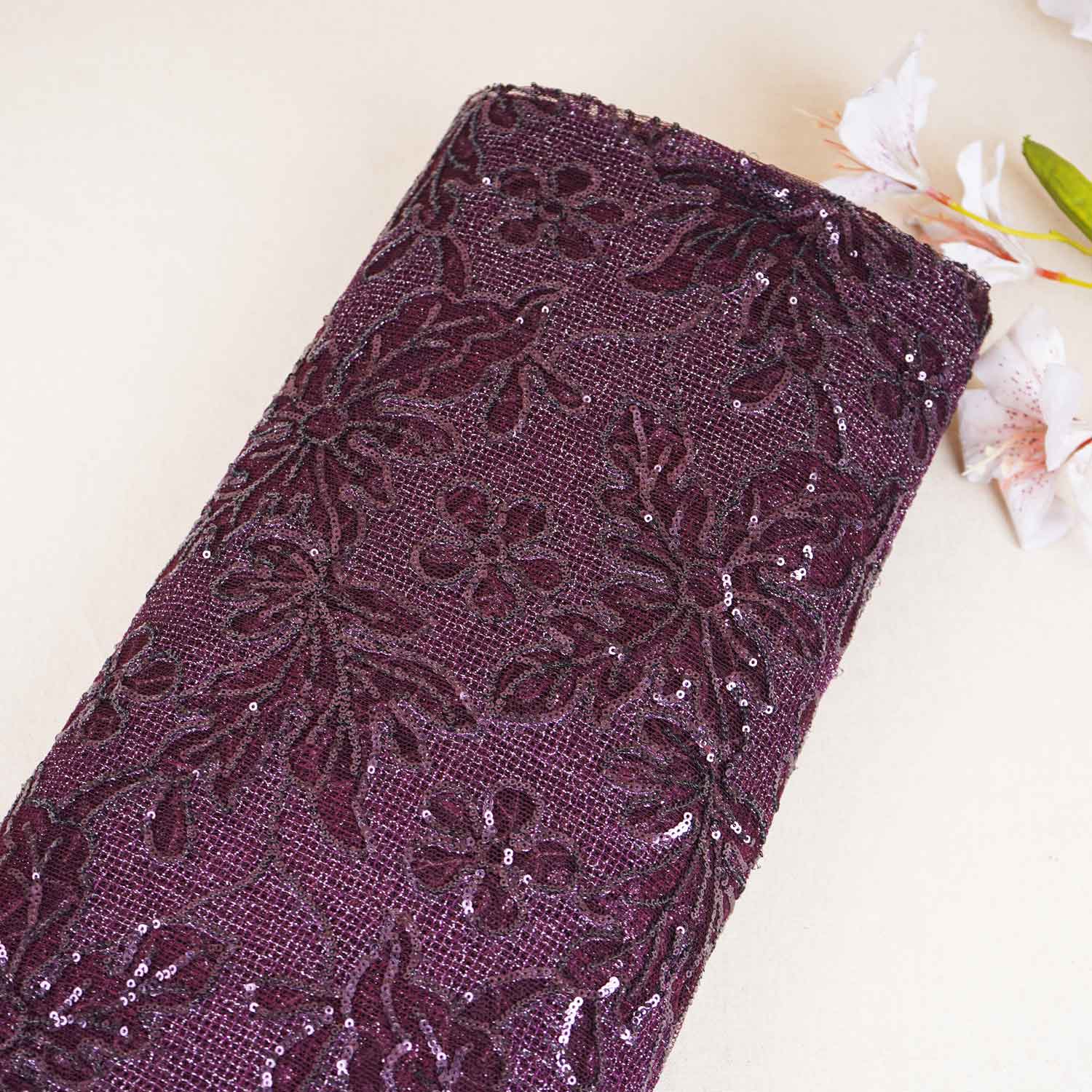 Buy Classic Wine Floral Sequence Embroidery Net Fabric Online ...
