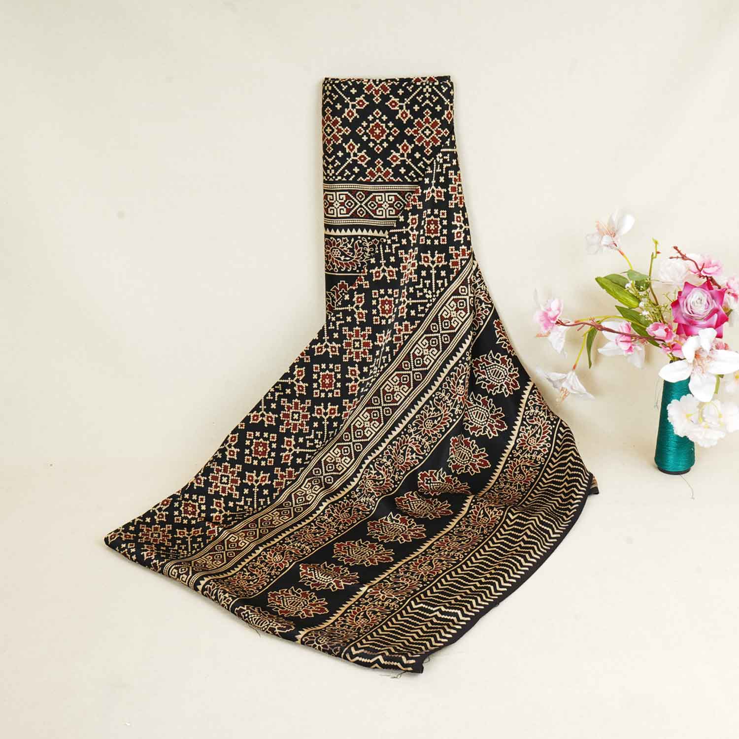 Buy Black Ajrakh Print Mashru Silk Fabric at TradeUNO – TradeUNO Fabrics