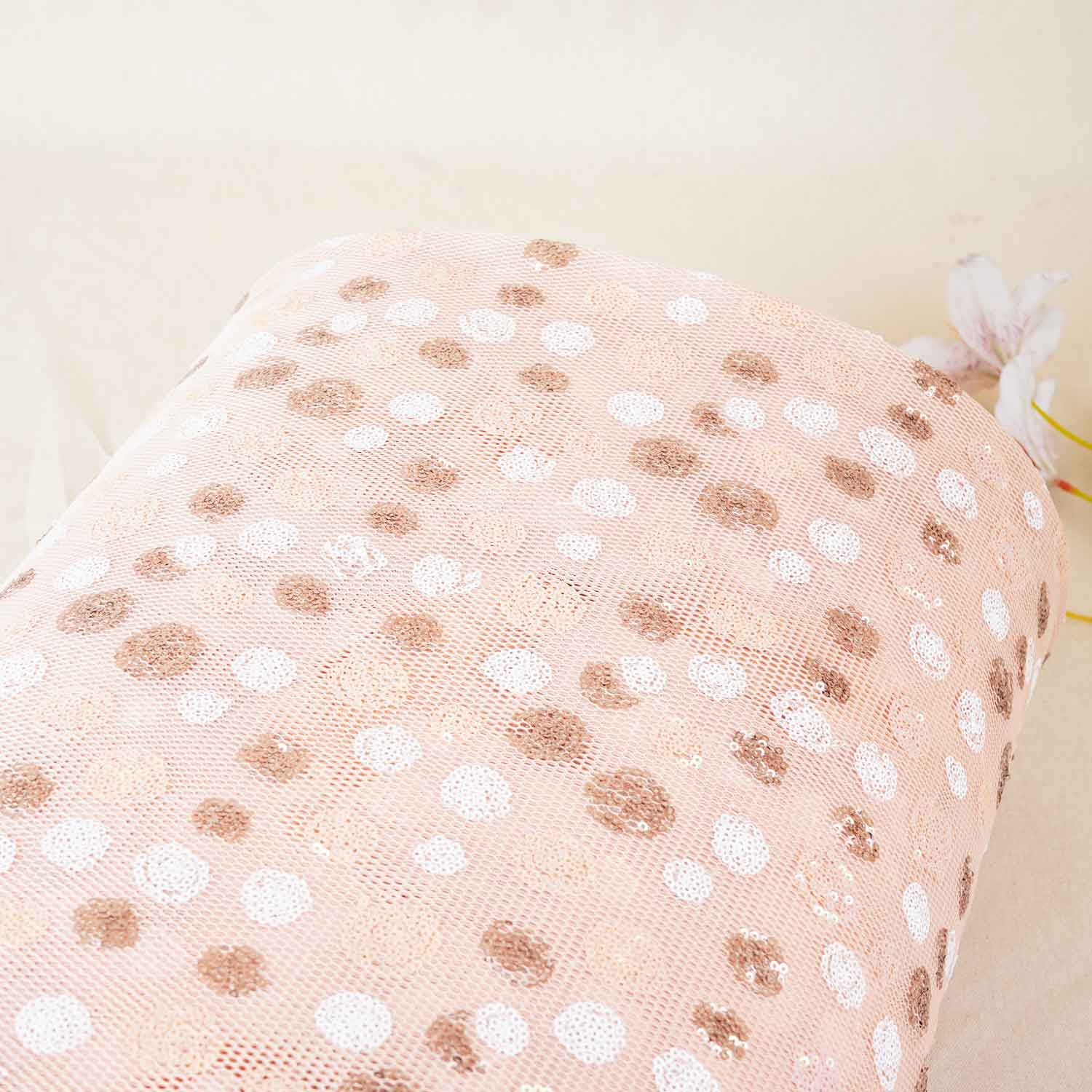 Buy Peach With White Brown Sequence Embroidery Net Fabric Online ...