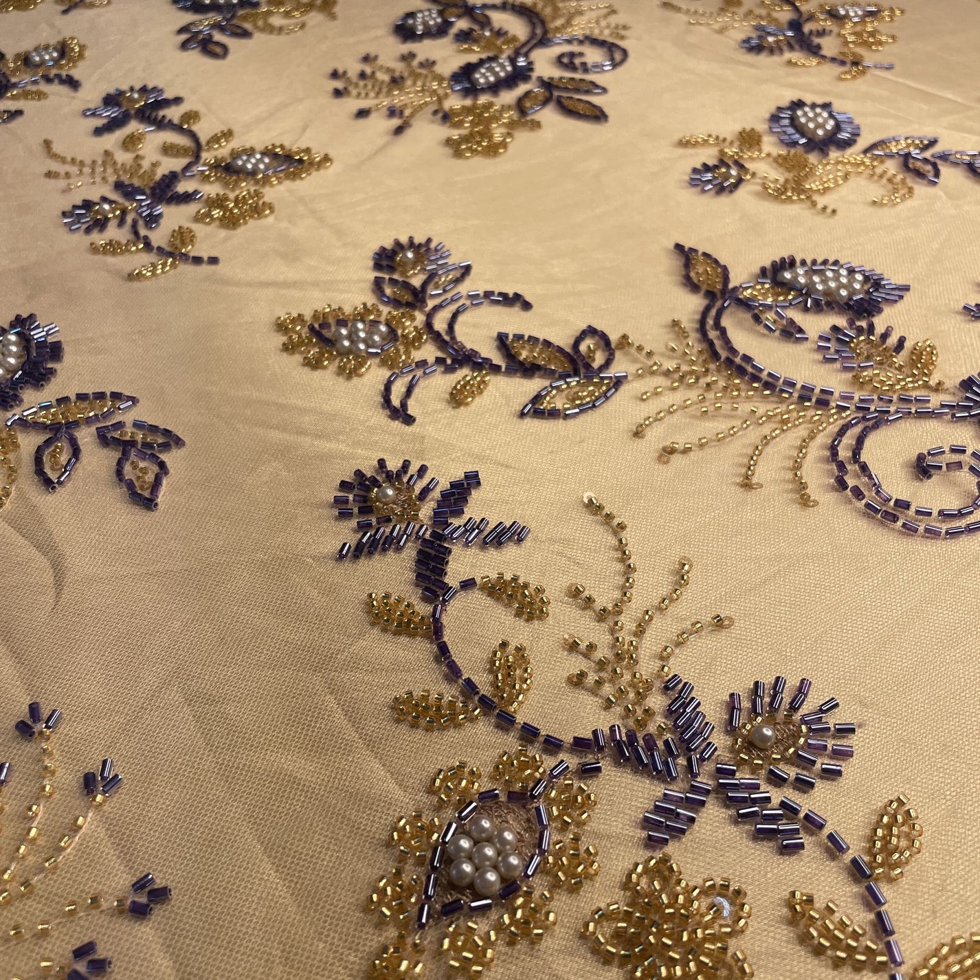 Buy Cream Floral Heavy Pearl Sequins CutDana Net Fabric Online ...