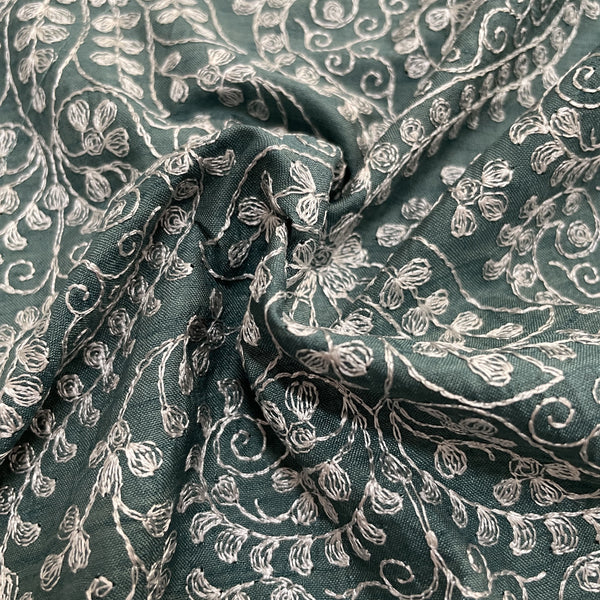 Buy Classic Dark Sage Green Floral Thread Embroidery Bemberg Silk ...