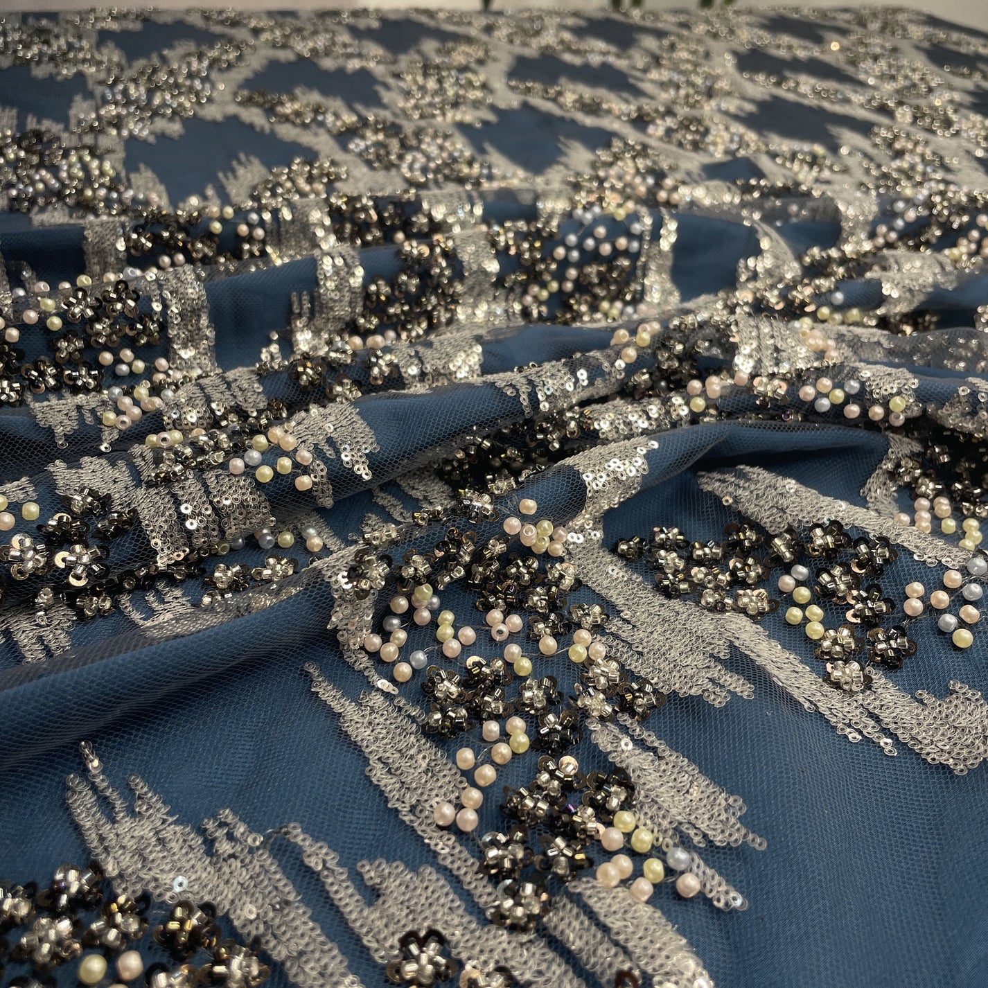 Buy Steel Blue Abstract Pearl CutDana Handcrafted Net Fabric Online ...